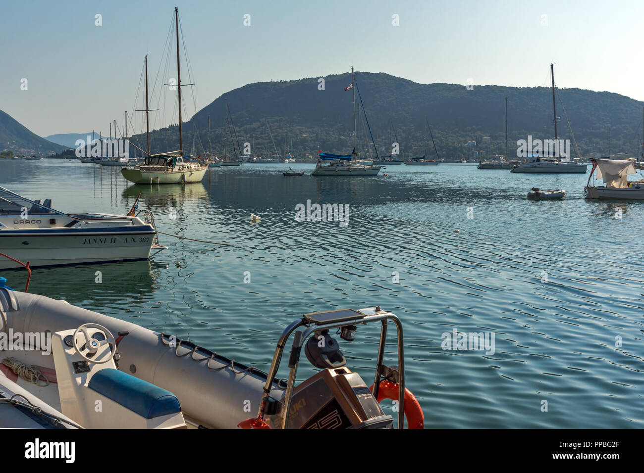 NYDRI, LEFKADA, GREECE JULY 17: Port at Nydri Bay, Lefkada, Ionian ...