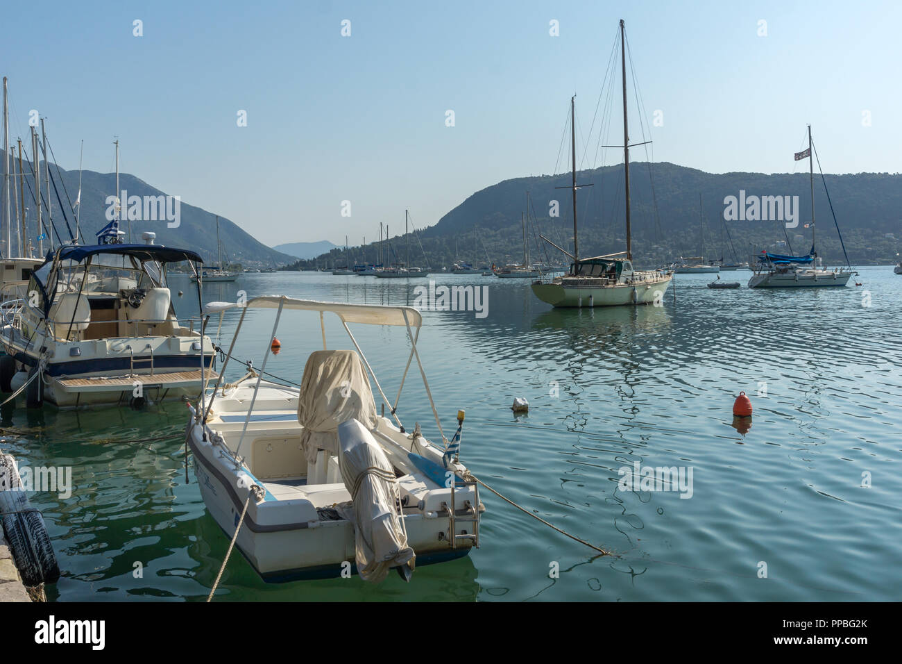 NYDRI, LEFKADA, GREECE JULY 17: Port at Nydri Bay, Lefkada, Ionian ...