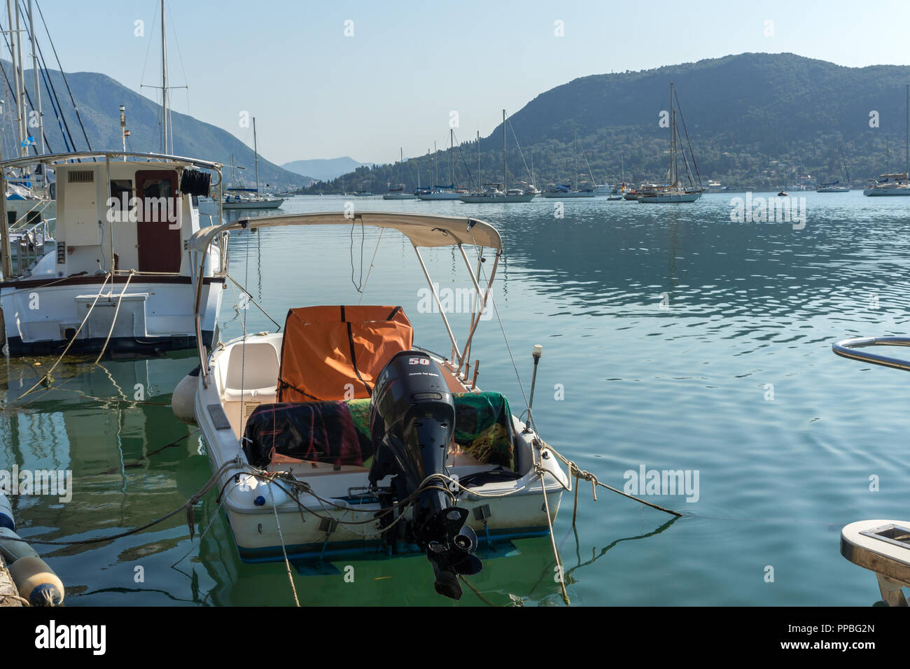 NYDRI, LEFKADA, GREECE JULY 17: Port at Nydri Bay, Lefkada, Ionian ...