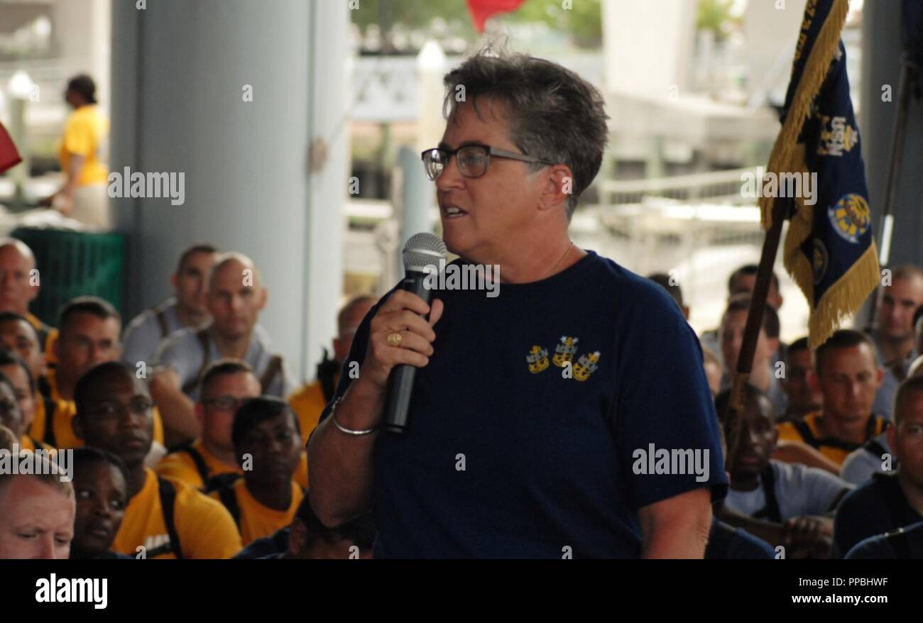 Fleet Master Chief Susan Whitman, US Pacific Fleet (Ret.), speaks to a ...