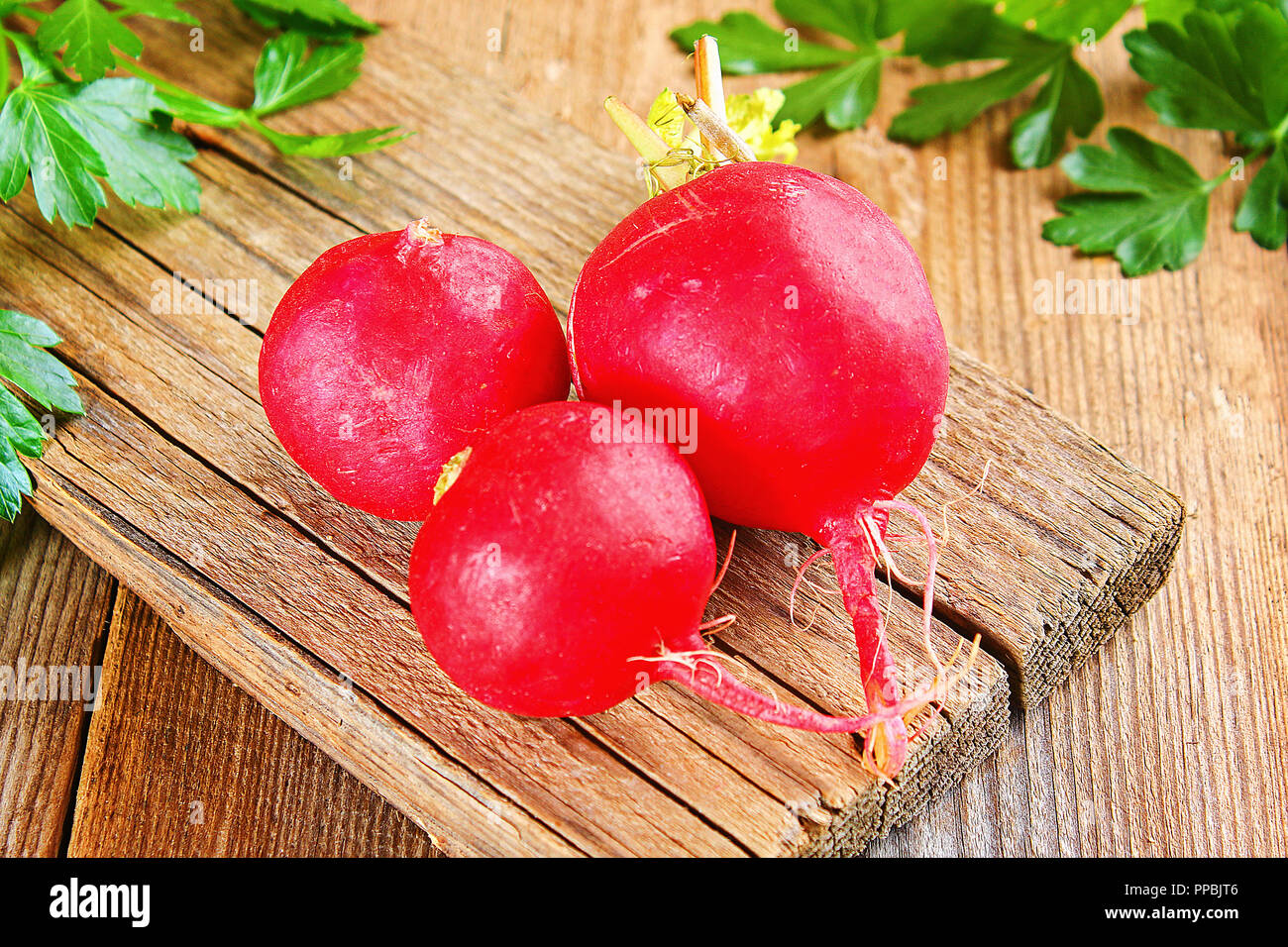 Fresh young radish on wooden old boards Stock Photo - Alamy