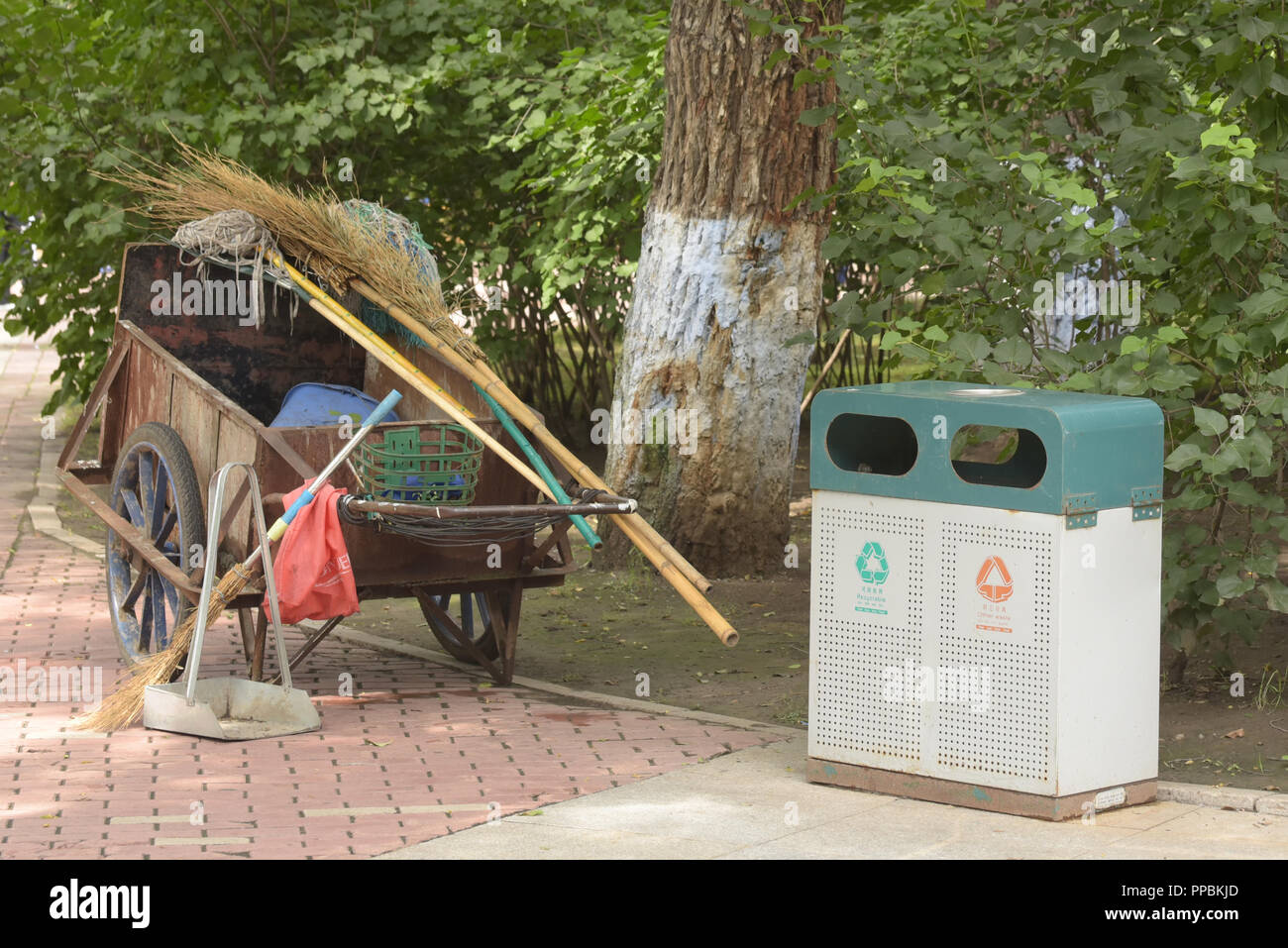 Garbage collection in the park. Outdoor trash cans in park Stock Photo ...