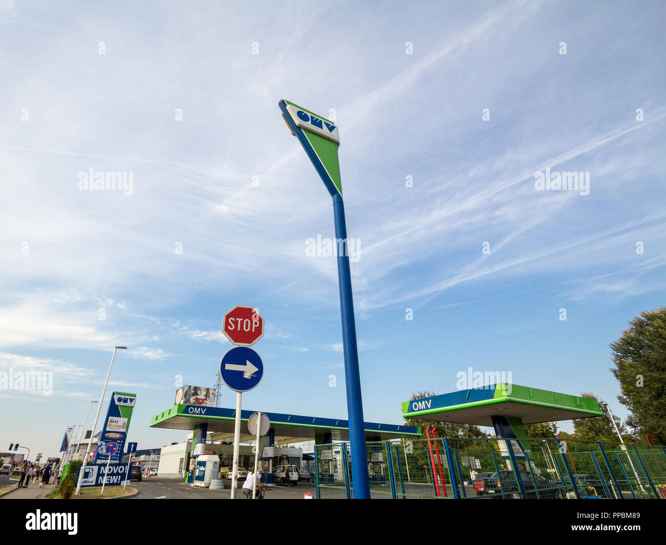 BELGRADE, SERBIA - SEPTEMBER 20, 2018: Logo of OMV on one of its gas ...