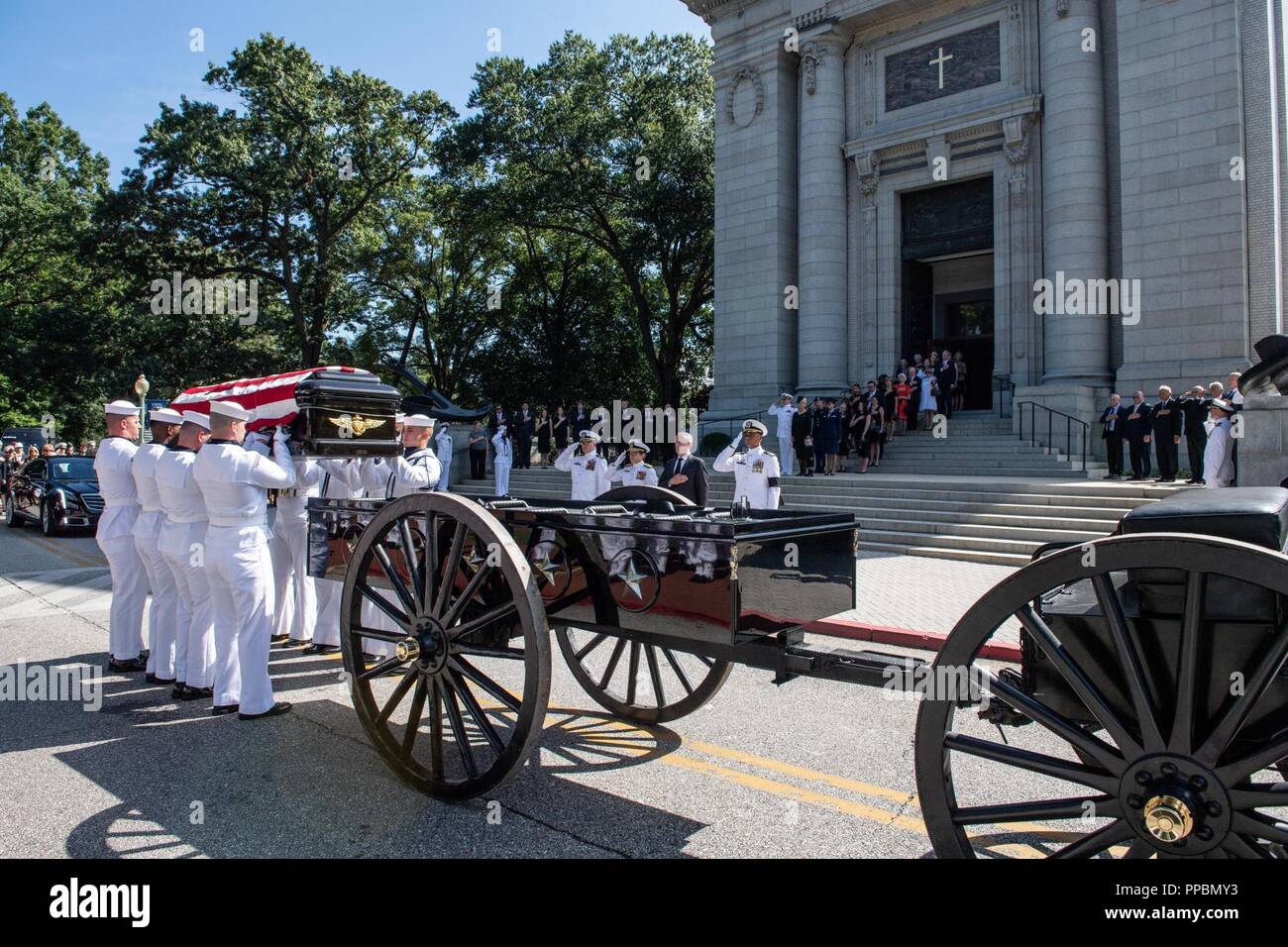 Md. (Sept. 2, 2018) Navy Body Bearers place the casket of the late Sen ...