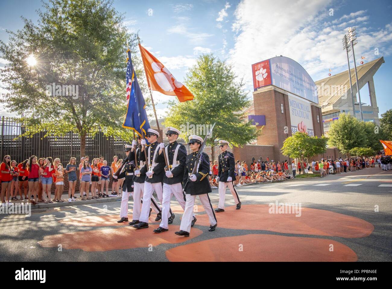 Clemson University’s Army ROTC honor guard the Pershing Rifles lead the ...