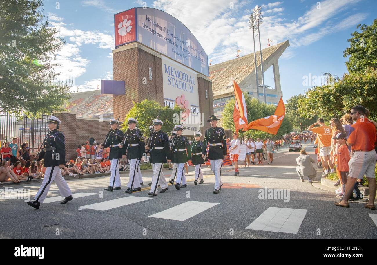 Clemson University’s Army ROTC honor guard the Pershing Rifles lead the ...