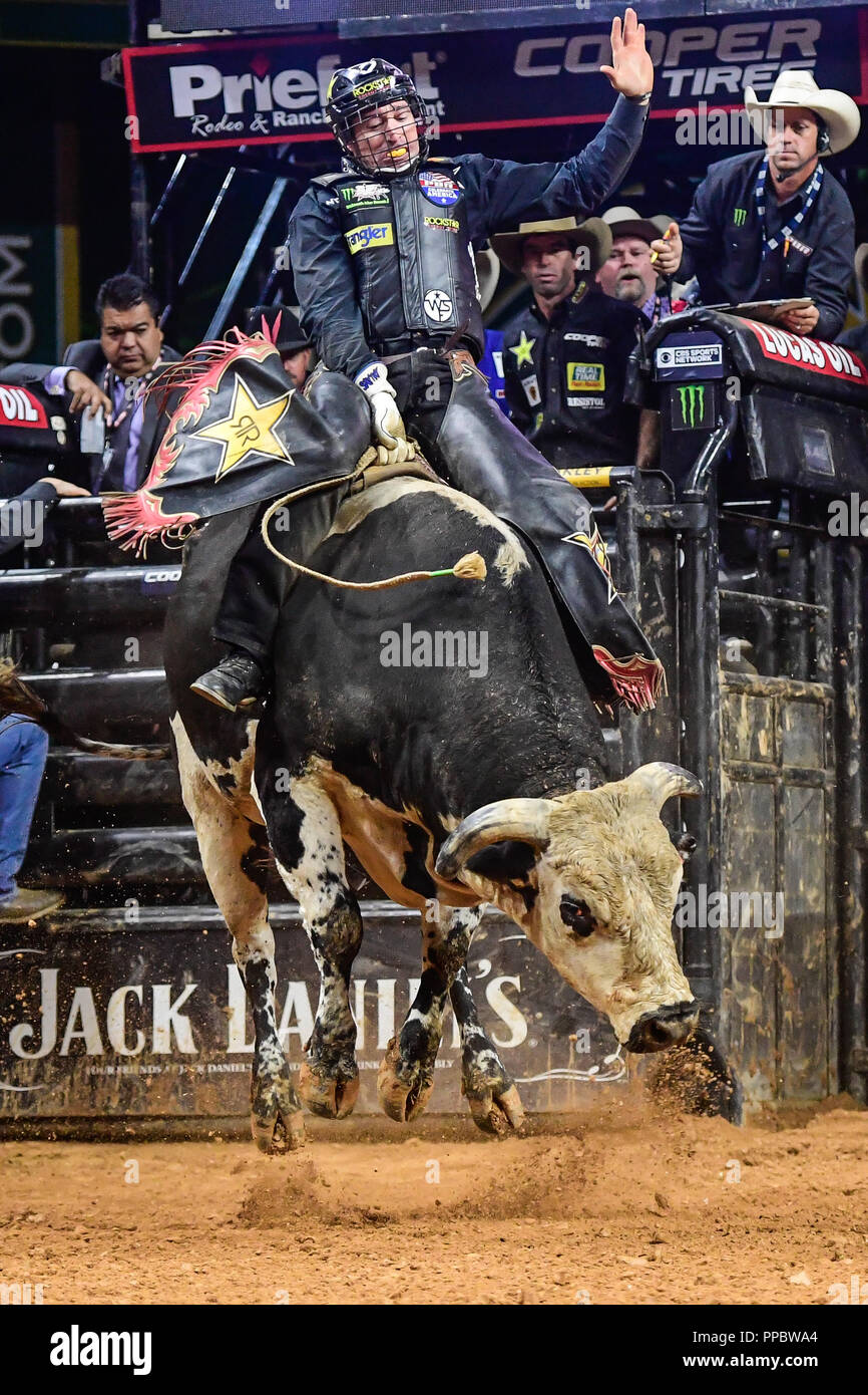 Fairfax, Virginia, USA. 23rd Sep, 2018. SEAN WILLINGHAM rides a bull ...