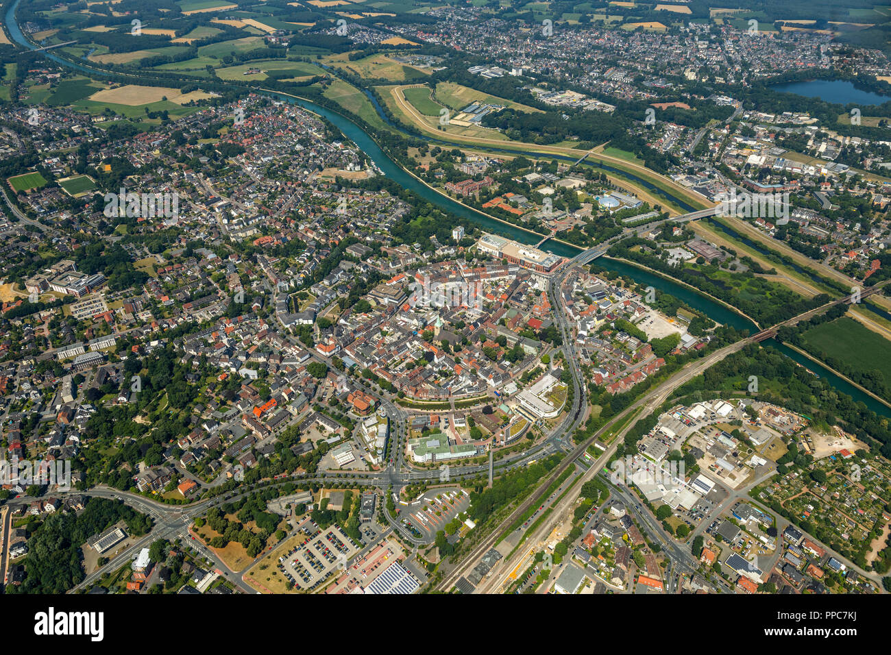 Aerial view, Dorsten city center with river Lippe, Dorsten, Ruhr Area ...