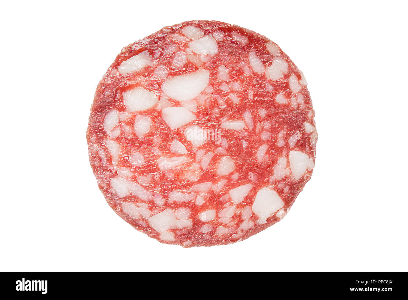 thin salami sausage slice texture isolated on white background top view ...