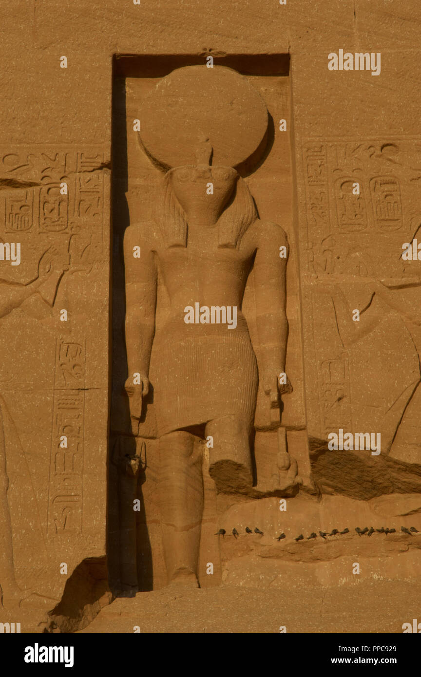 Egyptian Art. Great Temple of Ramses II. Sculpture of the god Ra carved ...