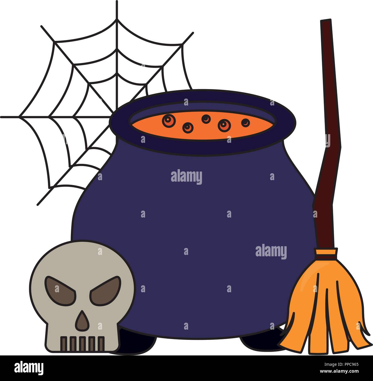 halloween cauldron with broom witch and skull vector illustration ...