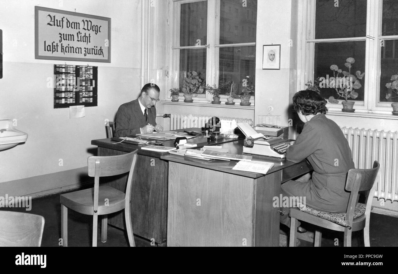 Office, professions, man and woman working at desk, 1950s, Germany ...