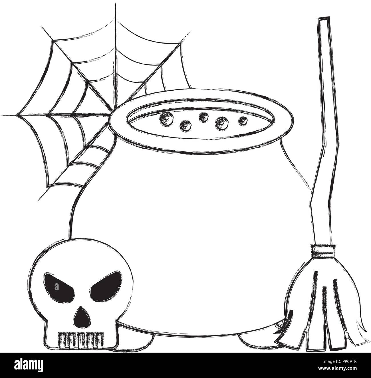 halloween cauldron skull and broom cobweb vector illustration hand ...