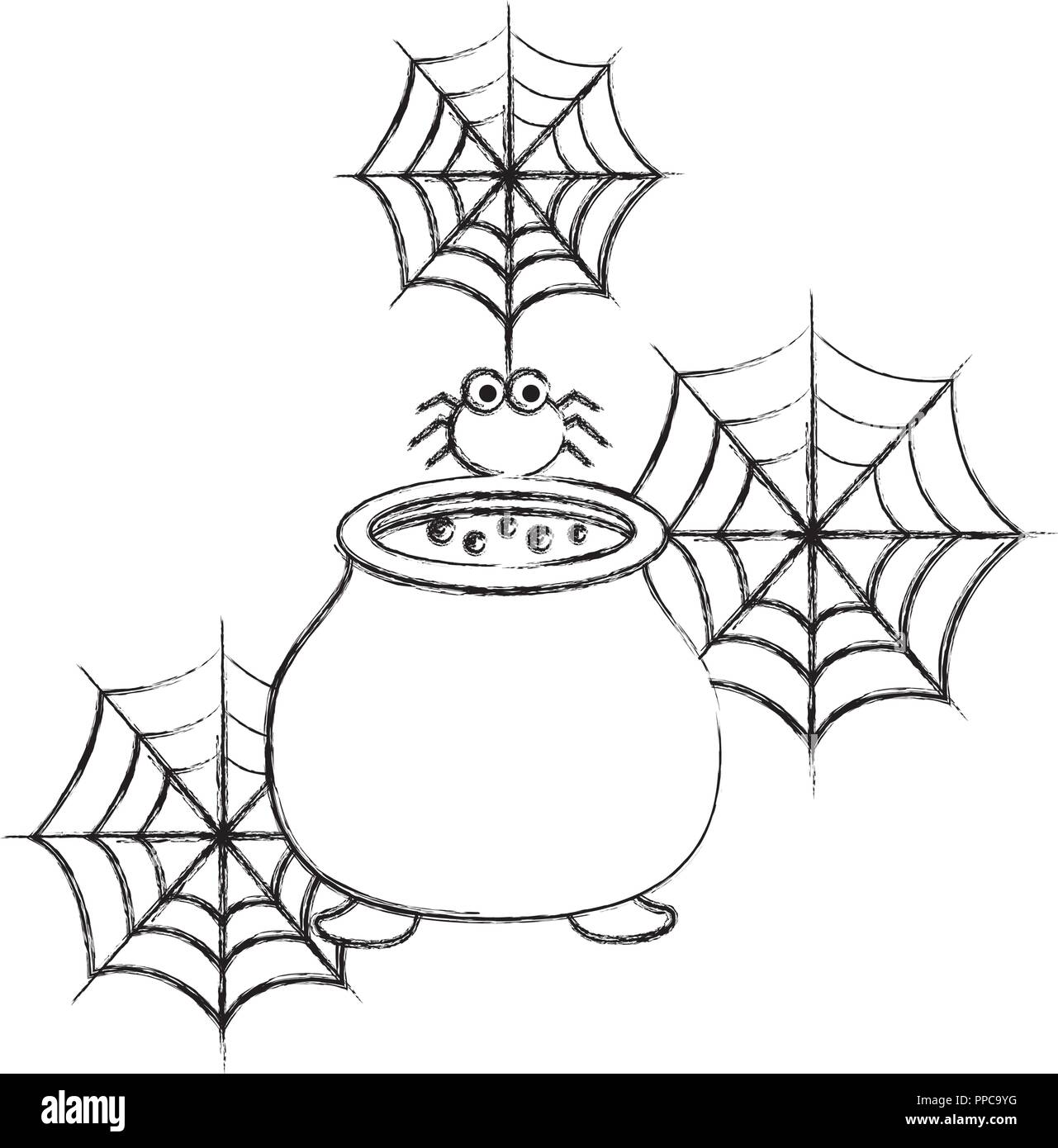 halloween cauldron and spider cobweb spooky vector illustration hand ...