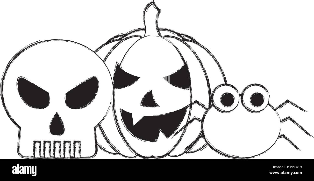 halloween pumpkin skull and spider cartoon vector illustration hand ...