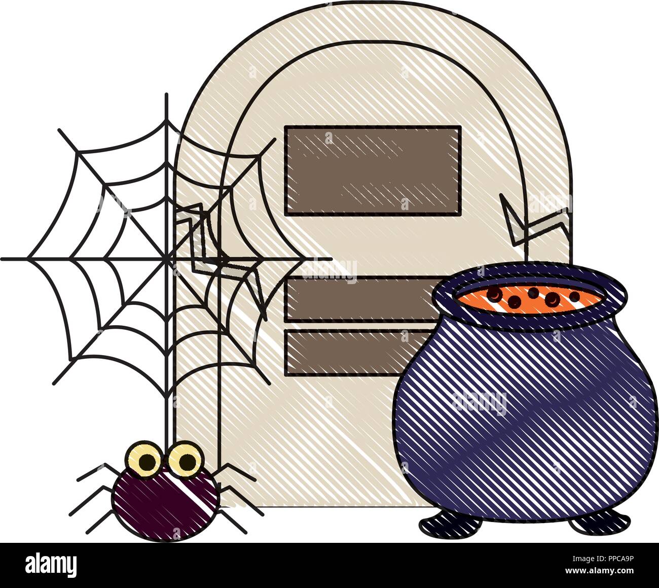 halloween grave cauldron spider hanging cobweb vector illustration ...