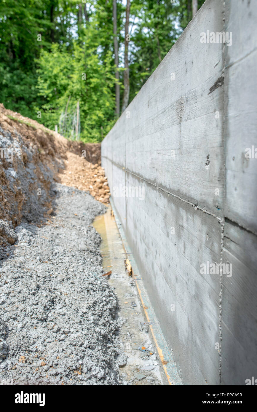 Construction site - dug out shaft next to a newly build concrete wall ...