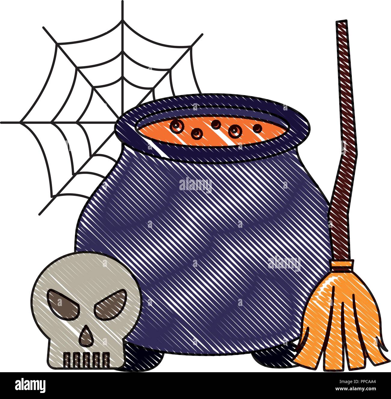 halloween cauldron skull and broom cobweb vector illustration Stock ...