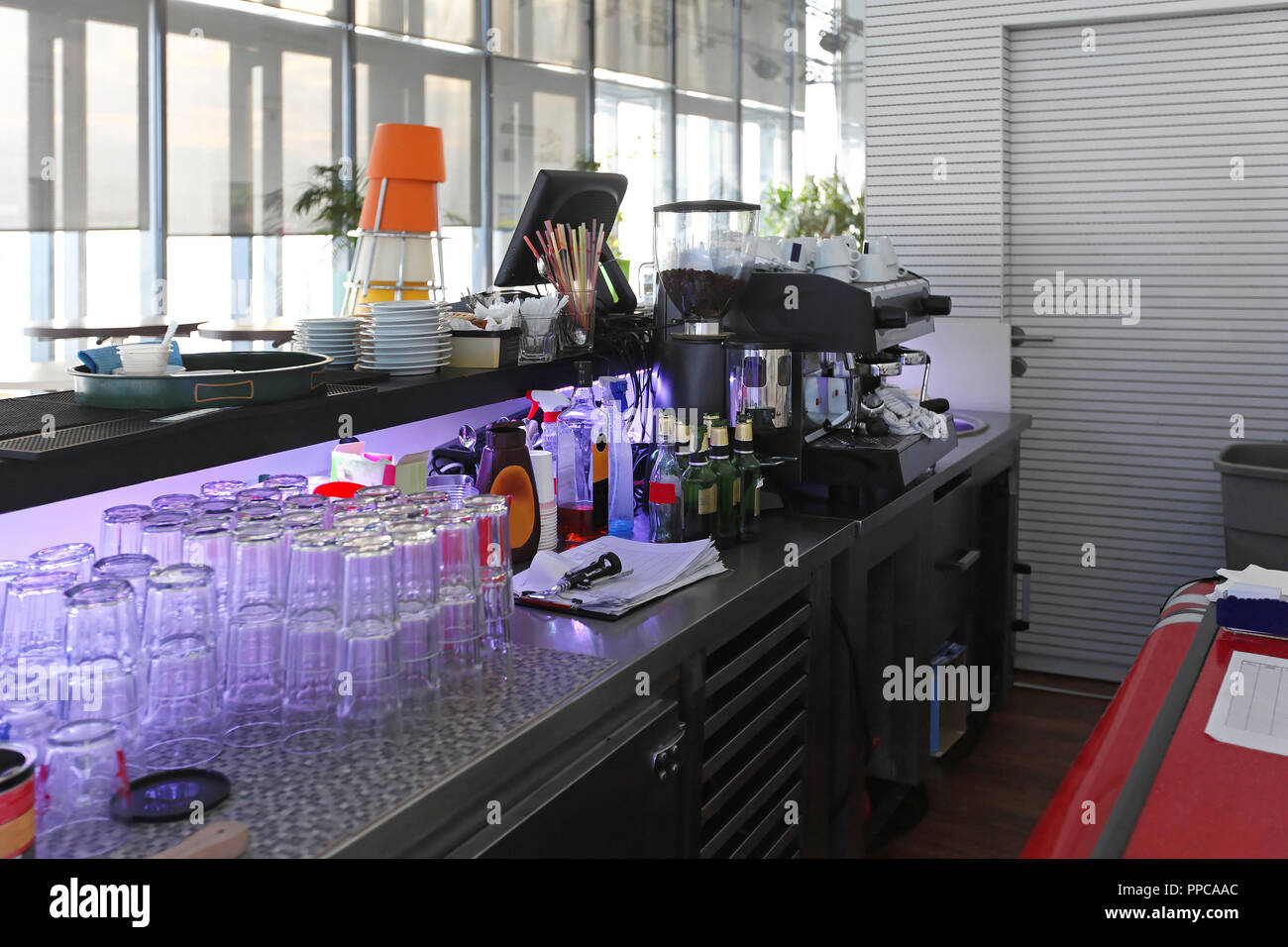 Behind bar interior establishment that serves alcoholic drinks Stock ...