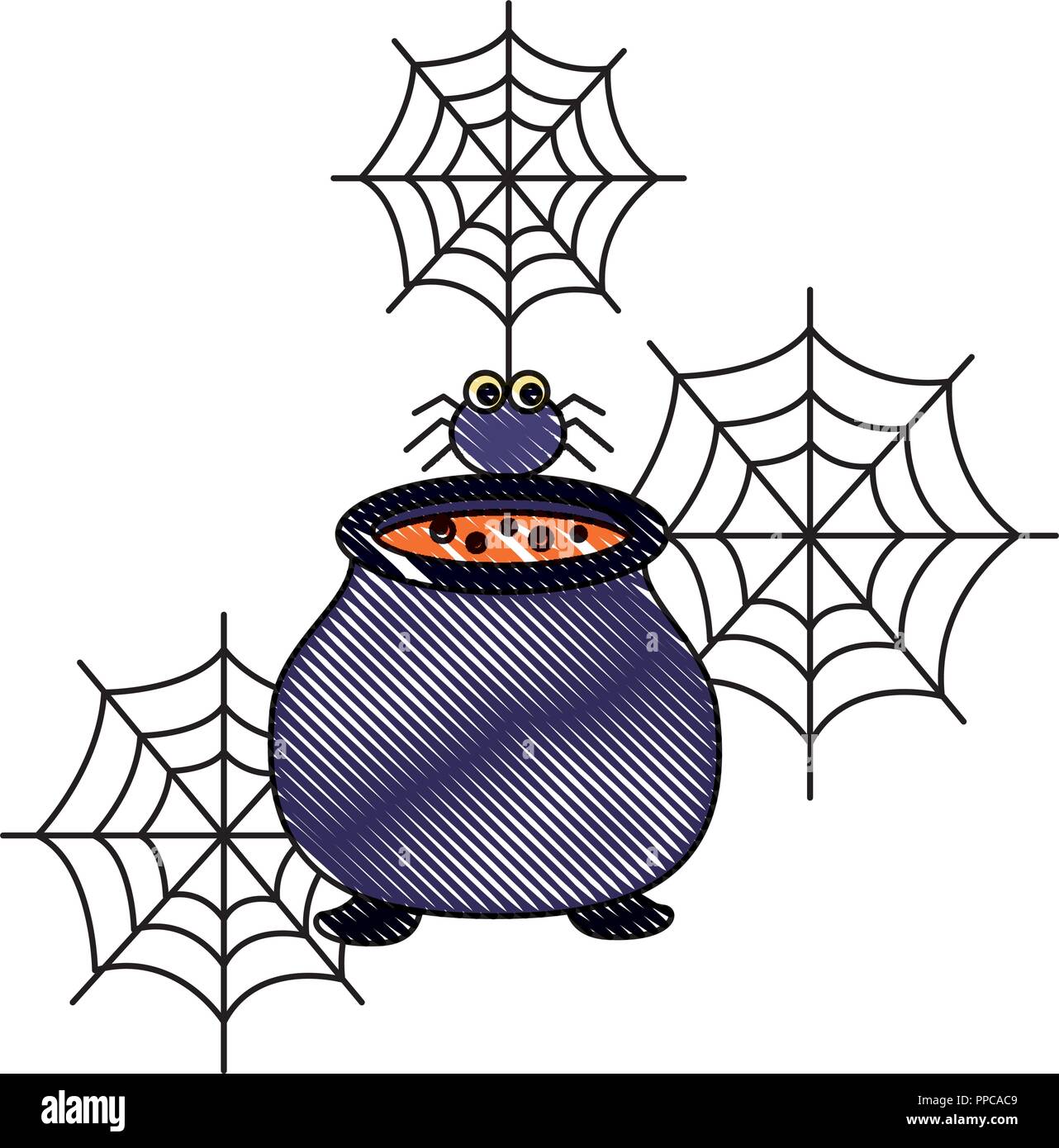 halloween cauldron and spider cobweb spooky vector illustration Stock ...