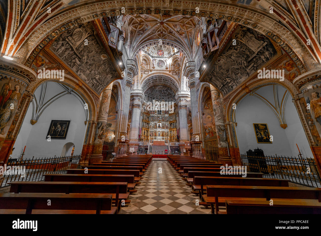 Interior, ornate ceiling, Renaissance church and monastery, Monasterio ...