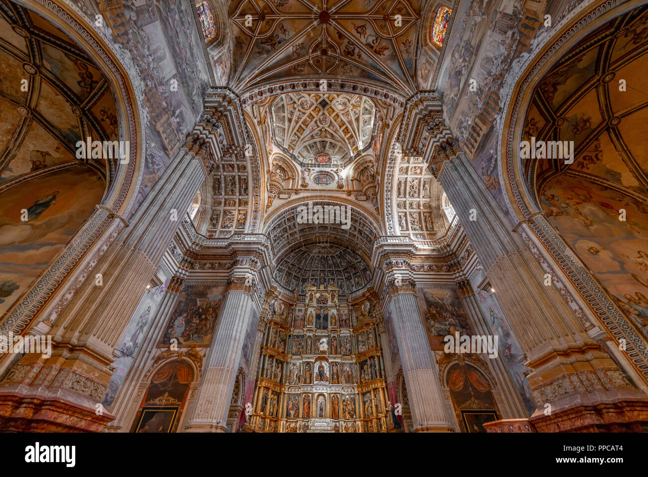 Interior, ornate vaulted ceiling, Renaissance church and monastery ...