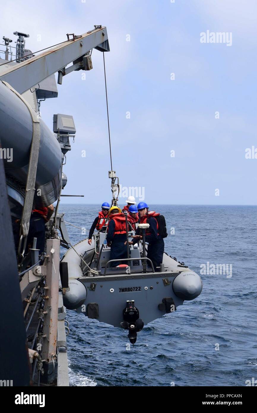 OCEAN (Aug. 15, 2018) - A rigid-hull inflatable boat is lowered from ...