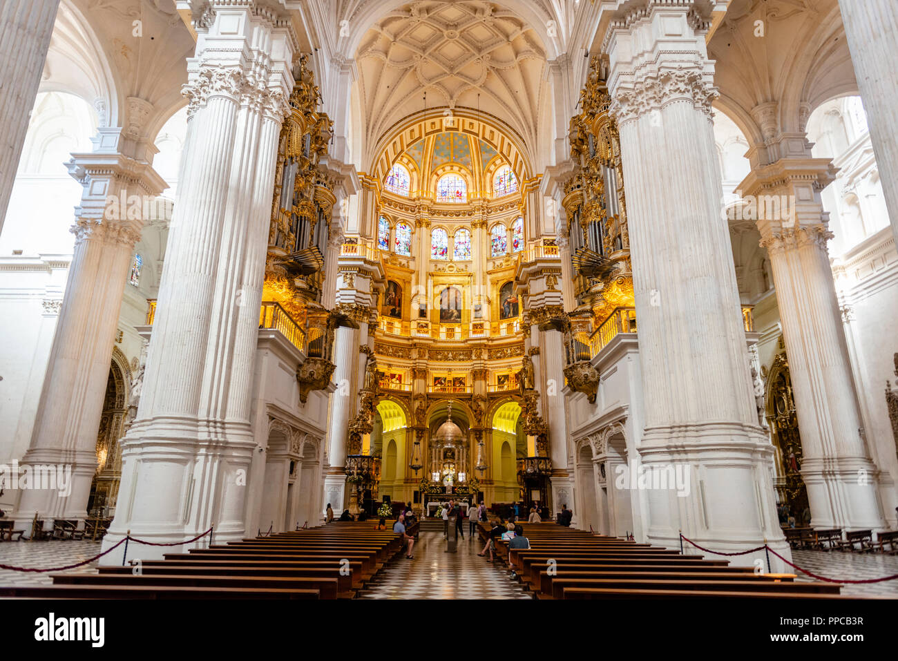 Cathedral, interior with white columns and golden sanctuary, stuccoed ...