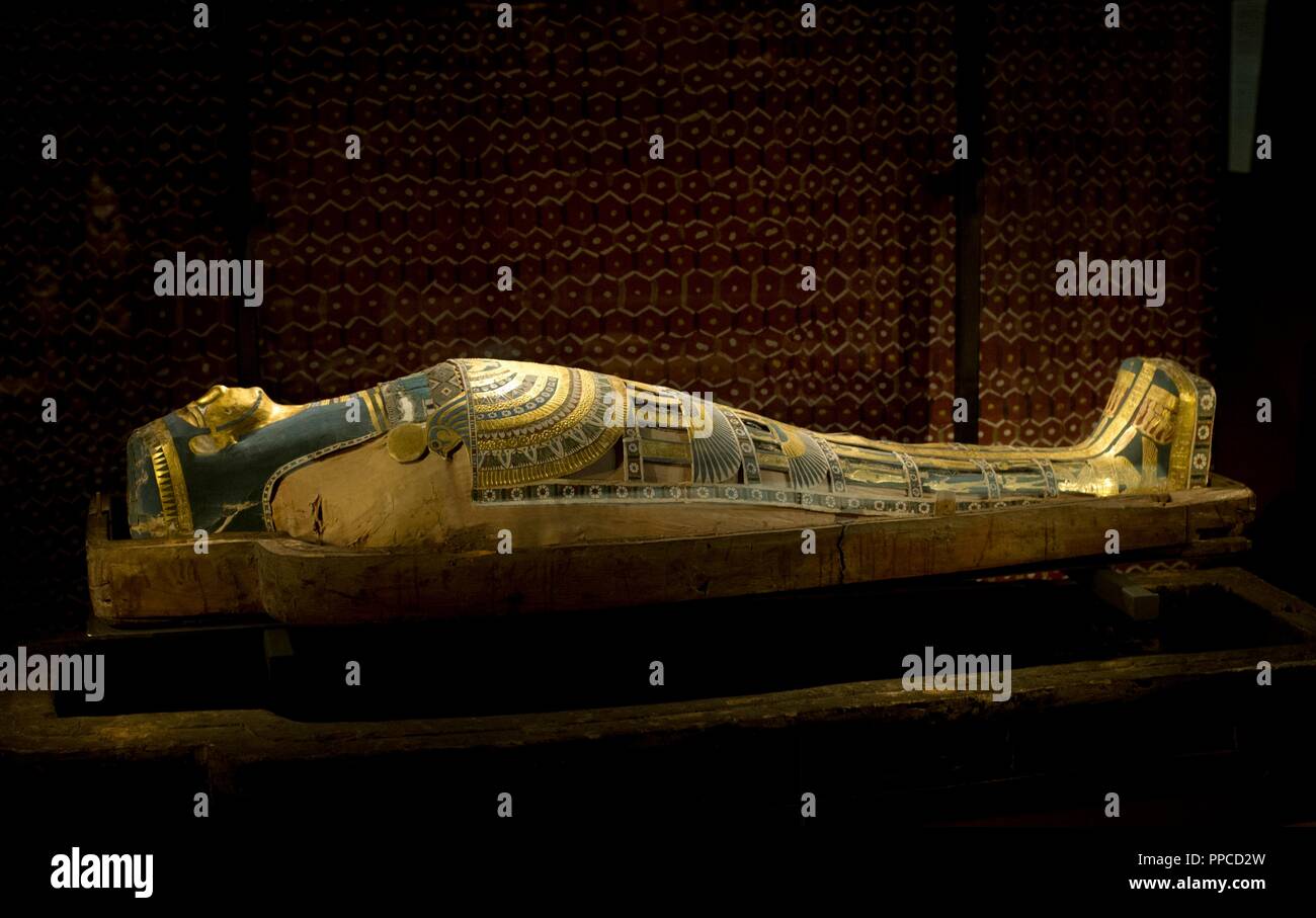 Mummy and coffin of Neswaiu, Priest of the Temple of God Montu, Thebes ...