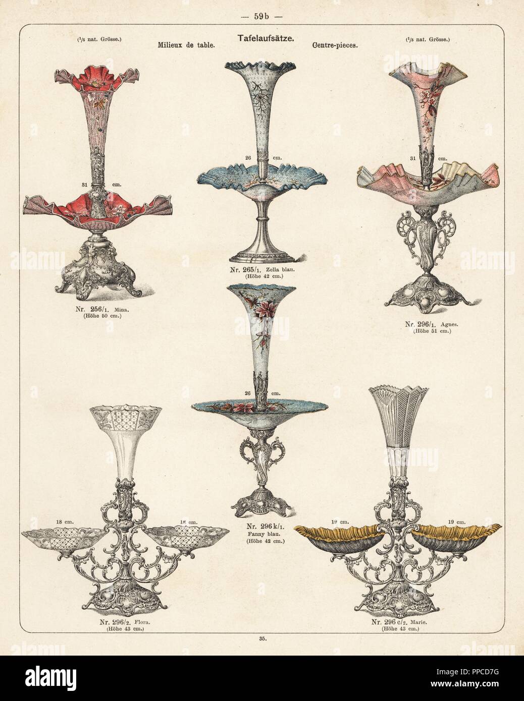 Metal and glass centerpiece for the table. Lithograph from a catalog of ...