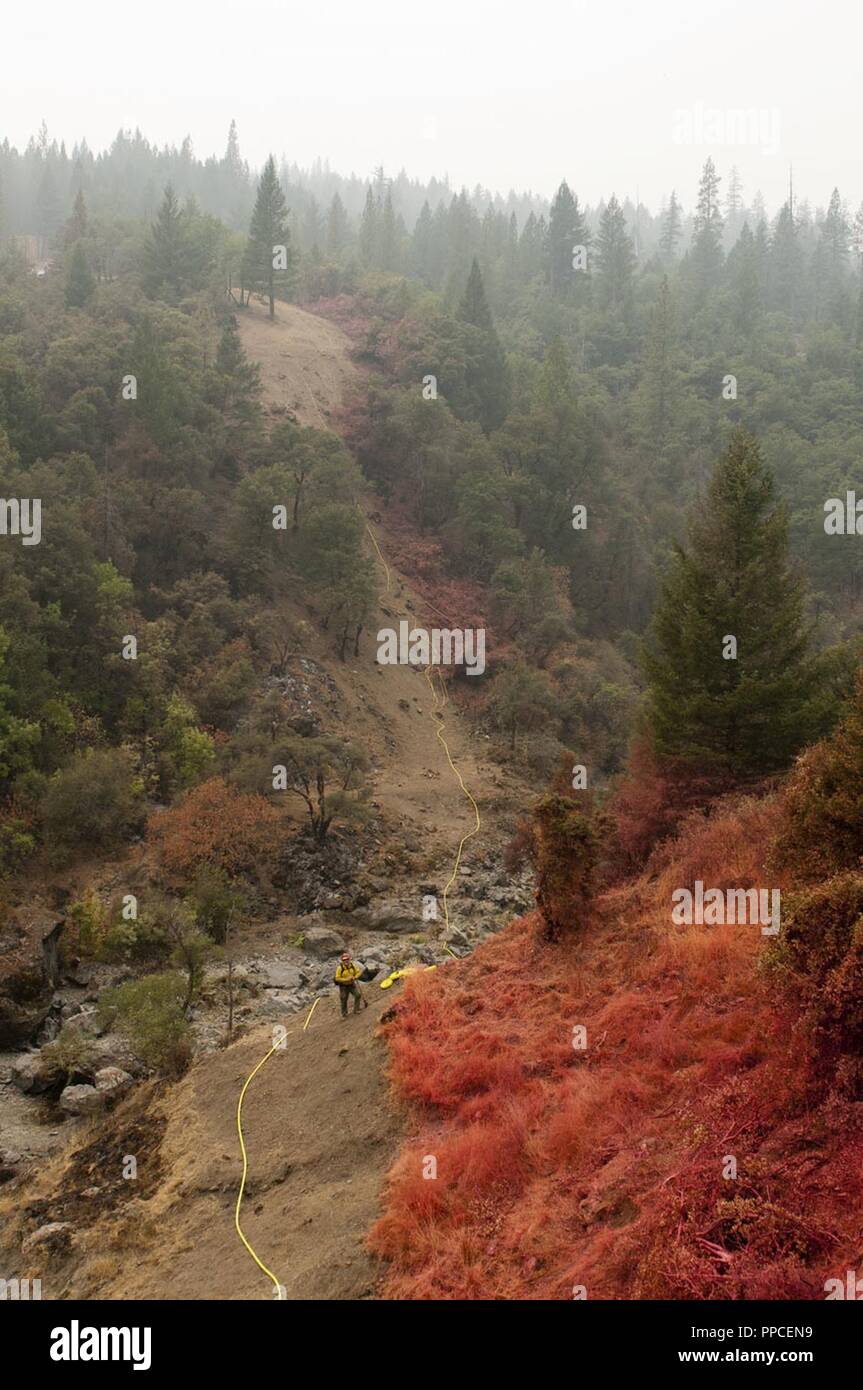 Brian Hicks, U.S. Forest Service, walks a fire line, August 24, 2018 ...