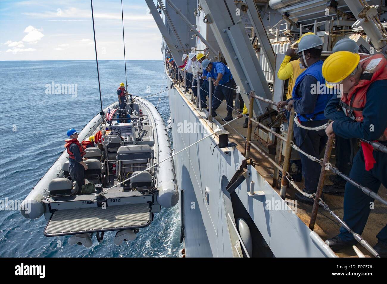 ATLANTIC OCEAN (Aug. 27, 2018) – Sailors observe as an 11-meter Rigid ...