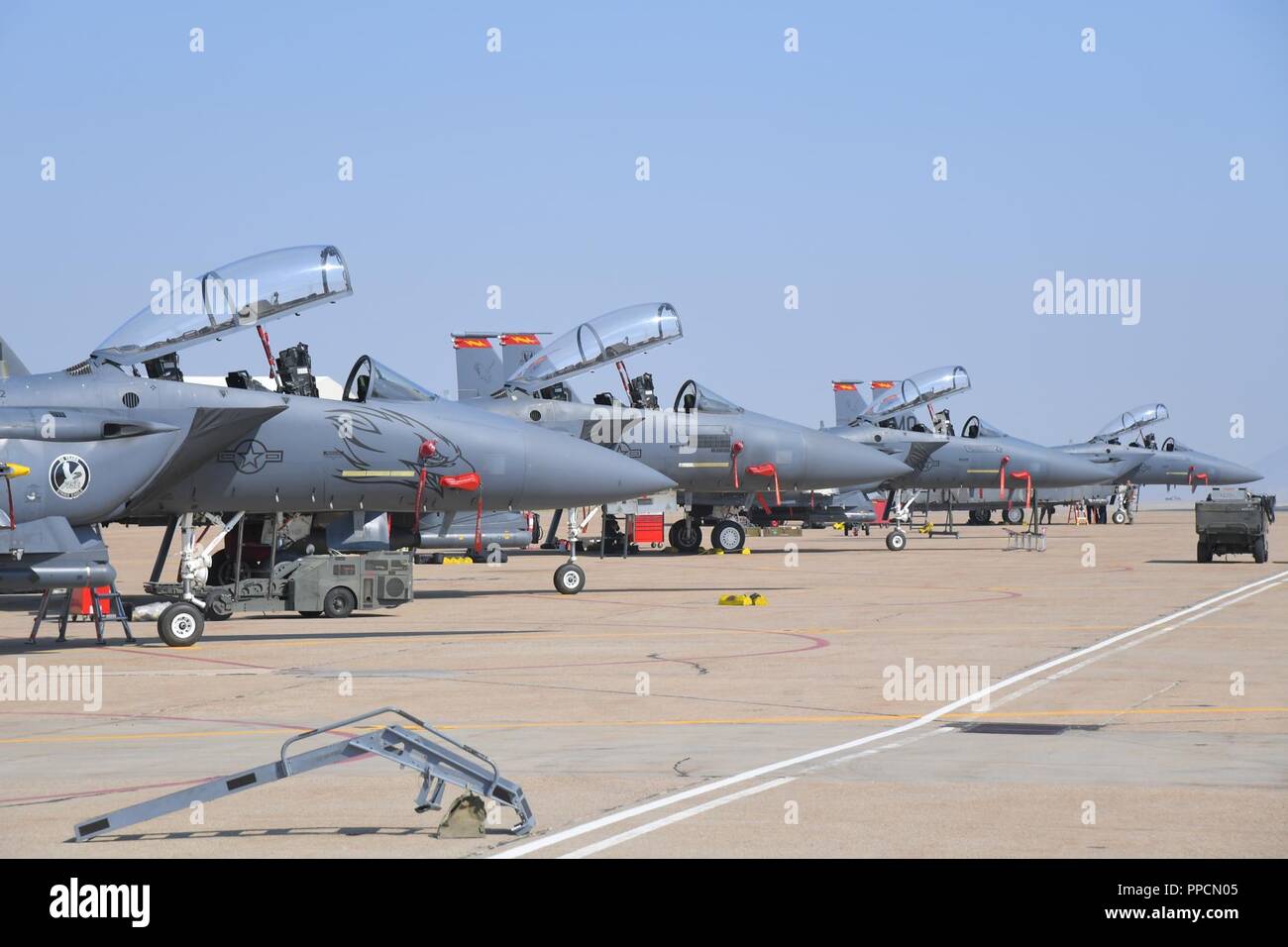 F-15E Strike Eagles from the 389th Fighter Squadron on the ramp, Aug ...