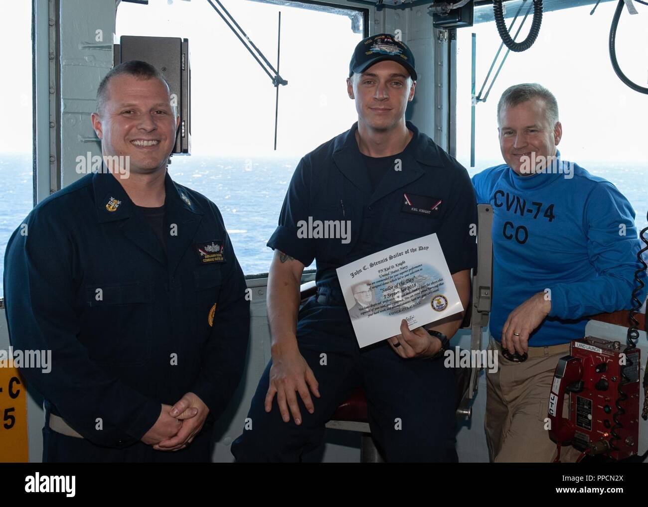 OCEAN (Sept. 1, 2018) Fireman Kiel Knight, center, from Panama City ...