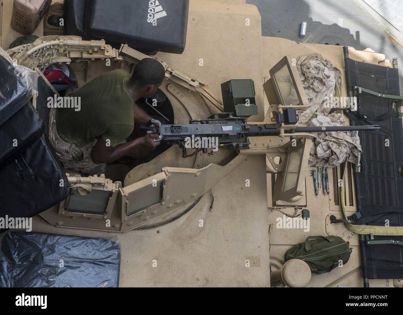 GULF OF ADEN (Sept. 3, 2018) – Lance Cpl. Eren Bashford performs ...