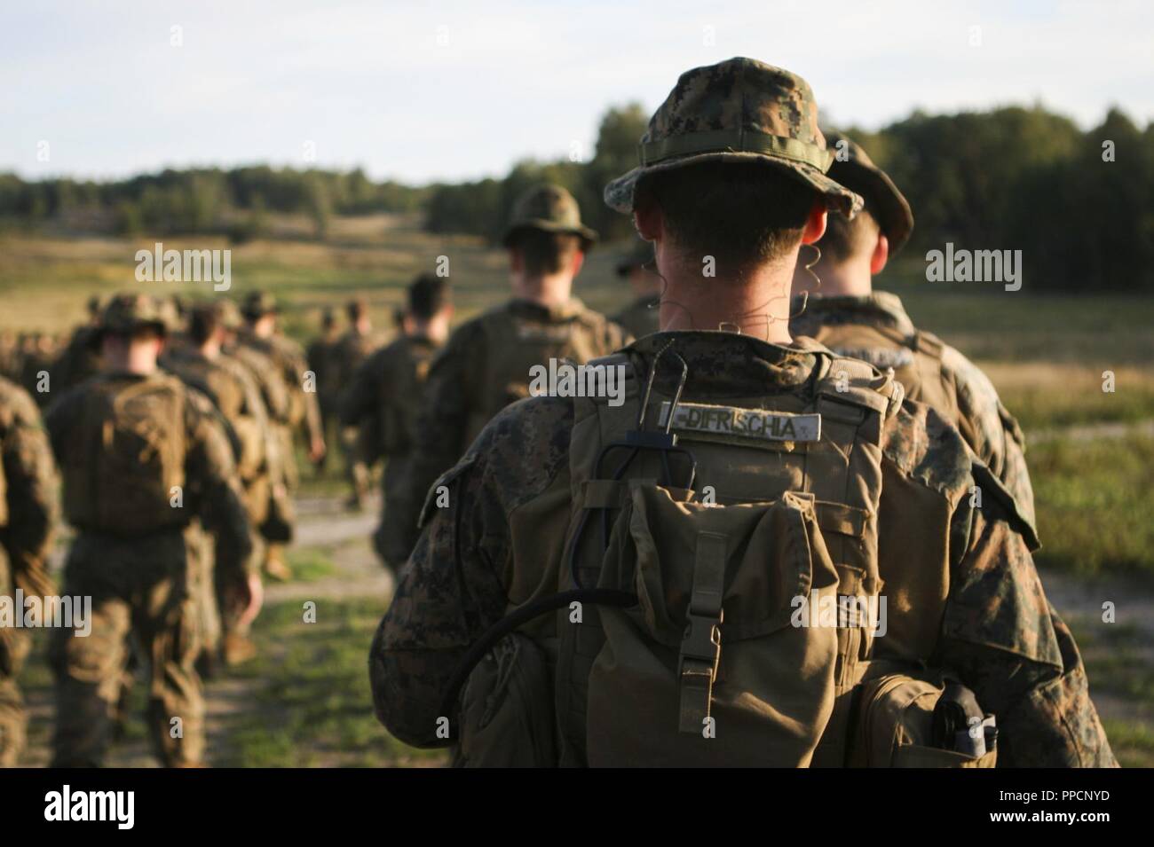 U.S. Marines with Marine Rotational Force-Europe 18.1 walk to the range ...