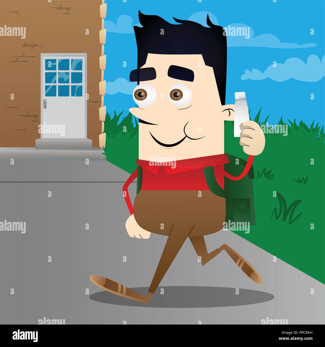 Schoolboy holding blank tube of paste. Vector cartoon character ...