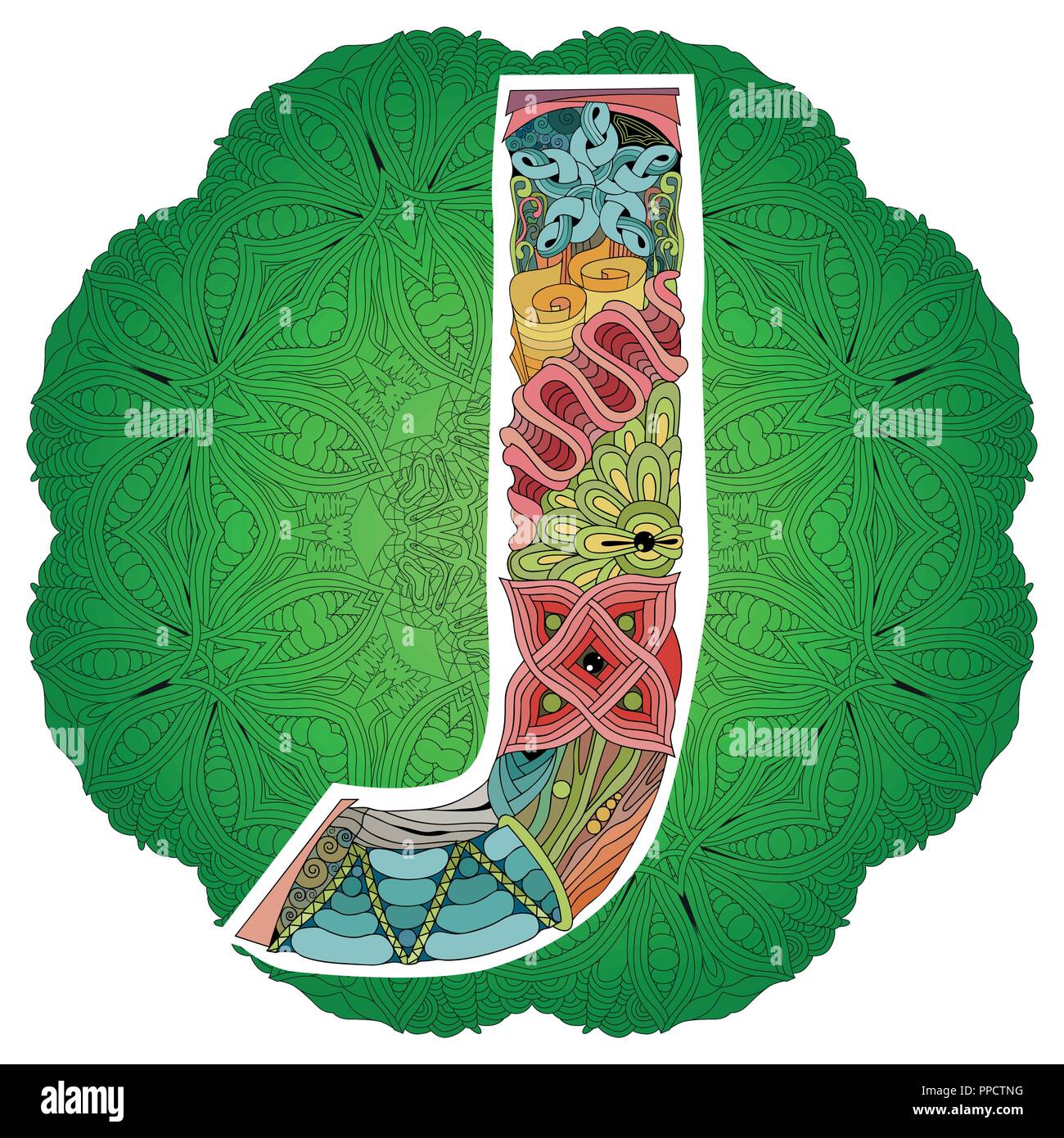 Hand-painted art design. Hand drawn illustration mandala with letter J ...