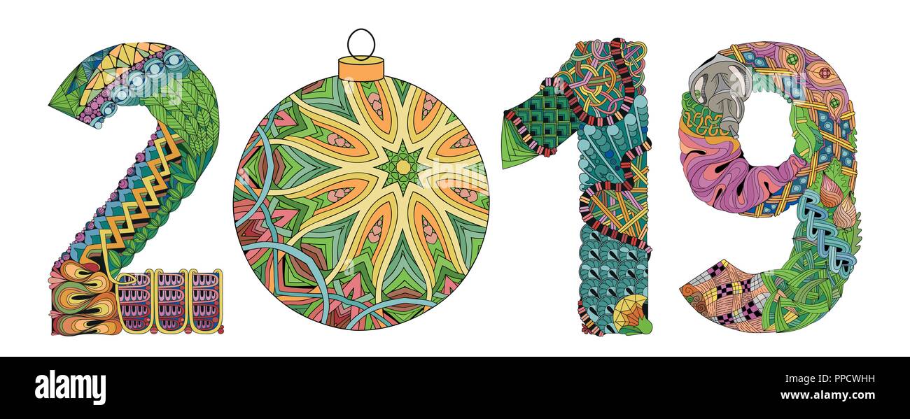 Number 2019 with a Christmas ball Zentangle. Vector decorative object ...