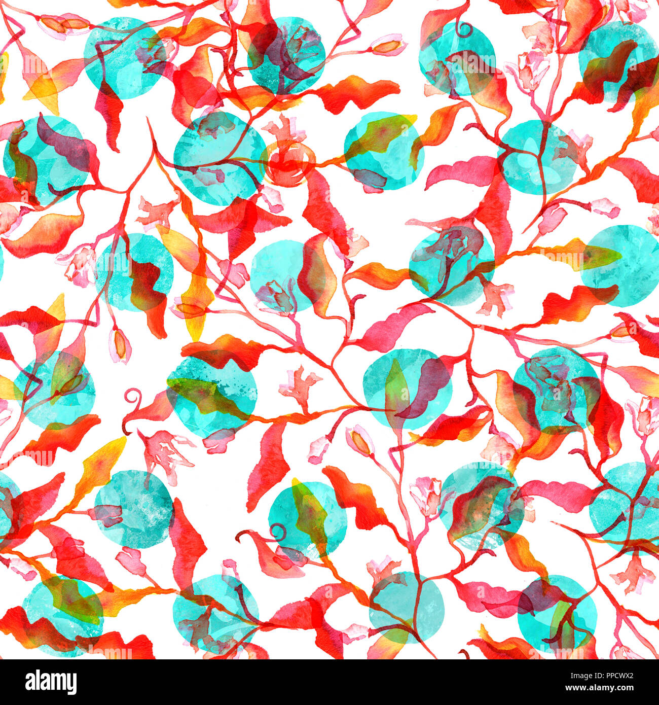 Seamless pattern with abstract branches and leaves on teal dots with ...
