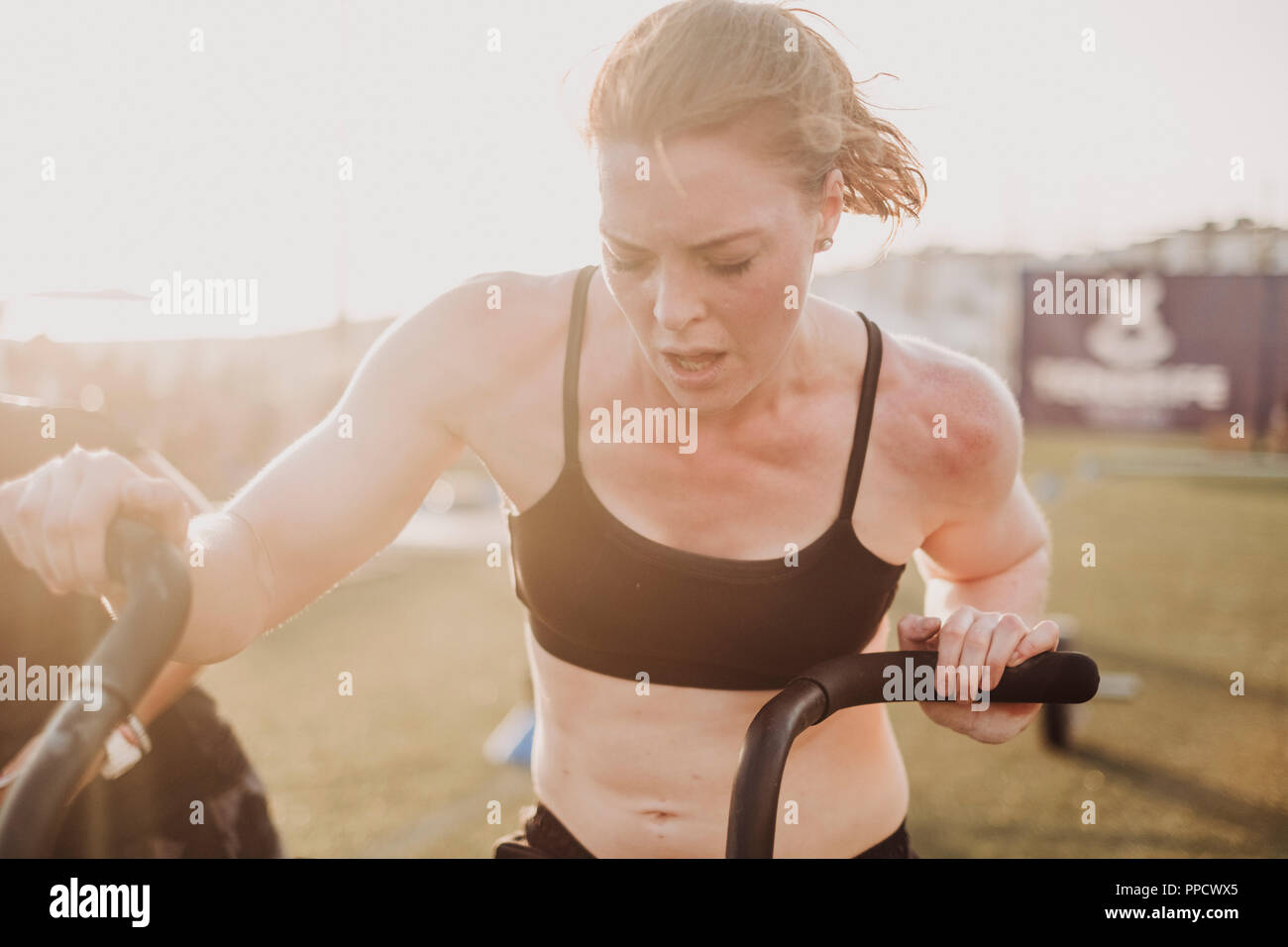 Waist up shot of single athletic woman wearing sports bra and ...