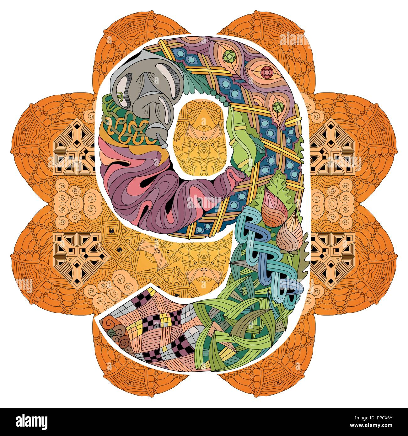 Hand-painted art design. Illustration mandala with numero nine Stock ...