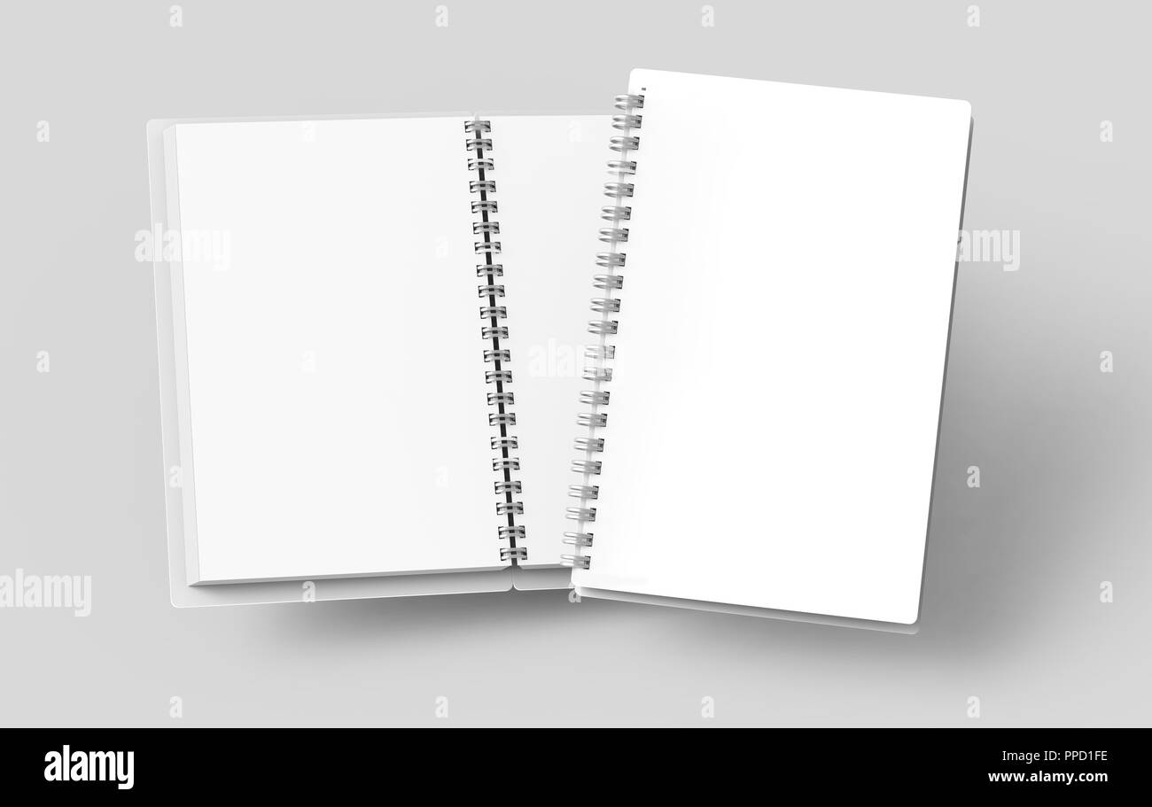 Float white hard cover open notebooks in 3d rendering on light grey ...