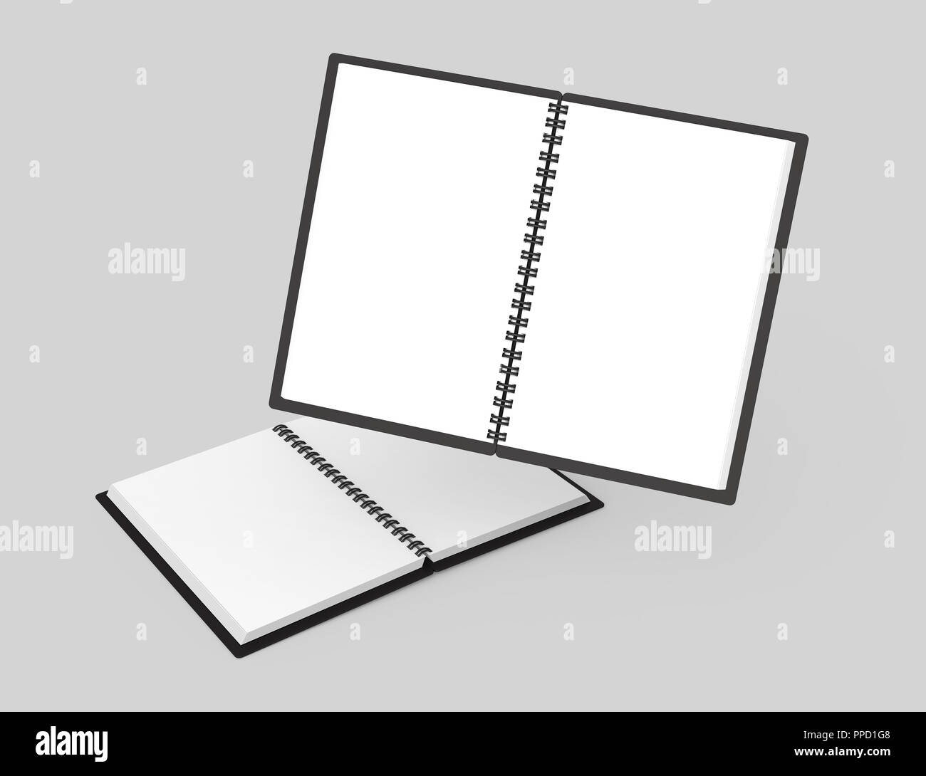 Floating black hard cover open notebooks on grey background in 3d ...