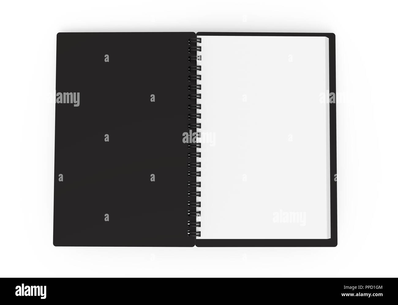 Black hard cover open notebook on white background in 3d rendering, top ...
