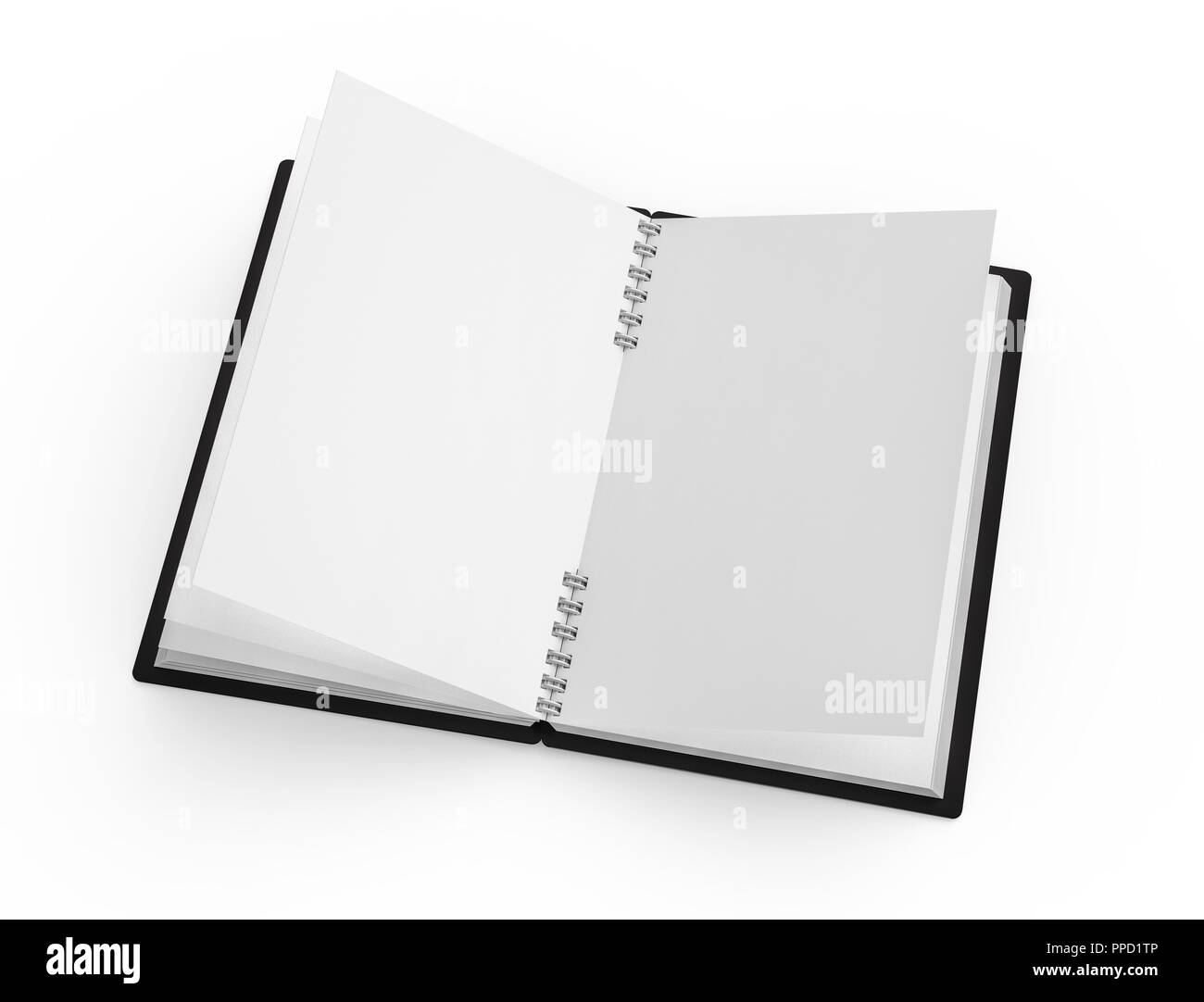 Open blank notebook with black cover on white background in 3d ...