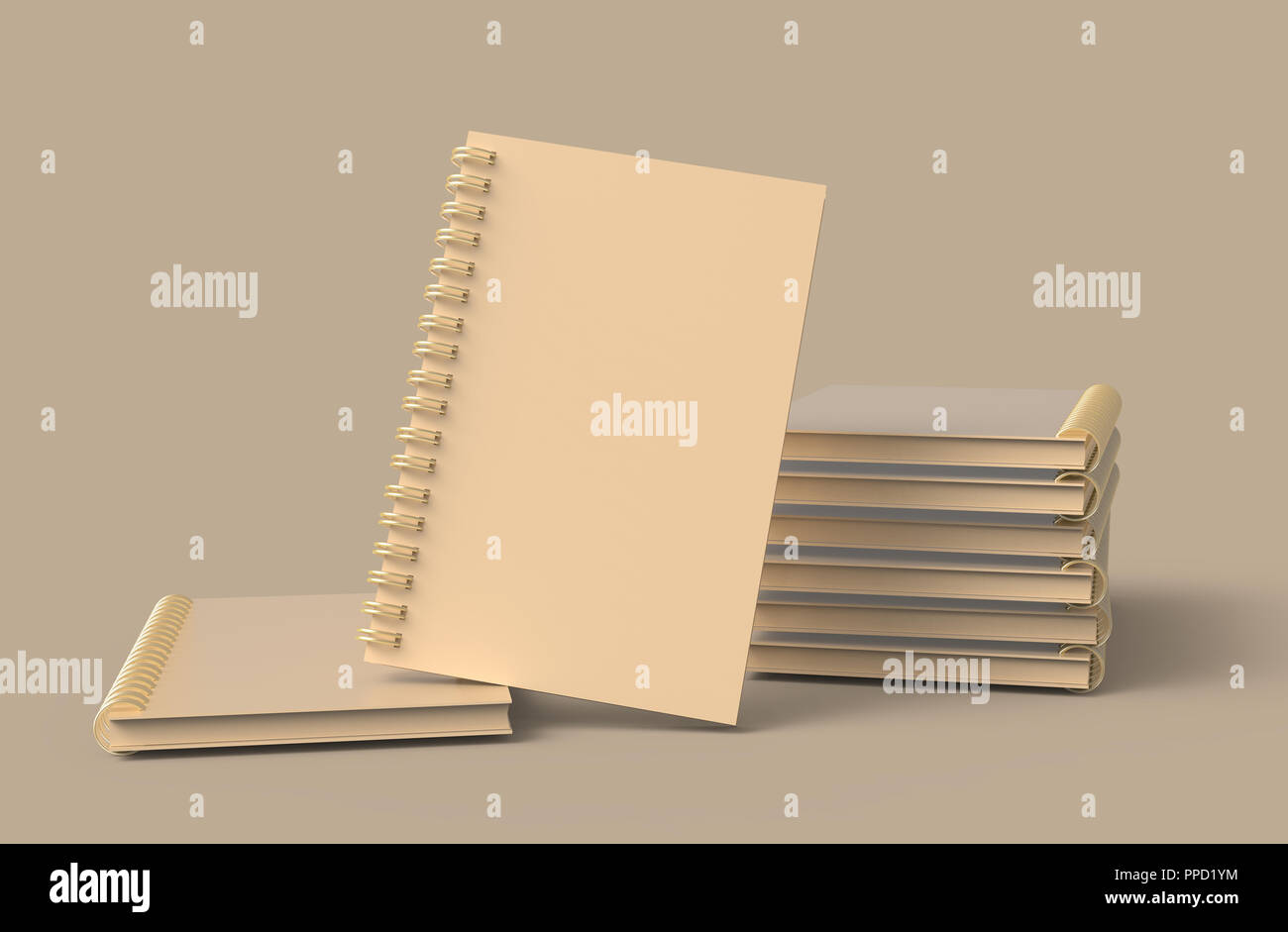 Blank cardboard notebooks pile on brown background in 3d rendering ...