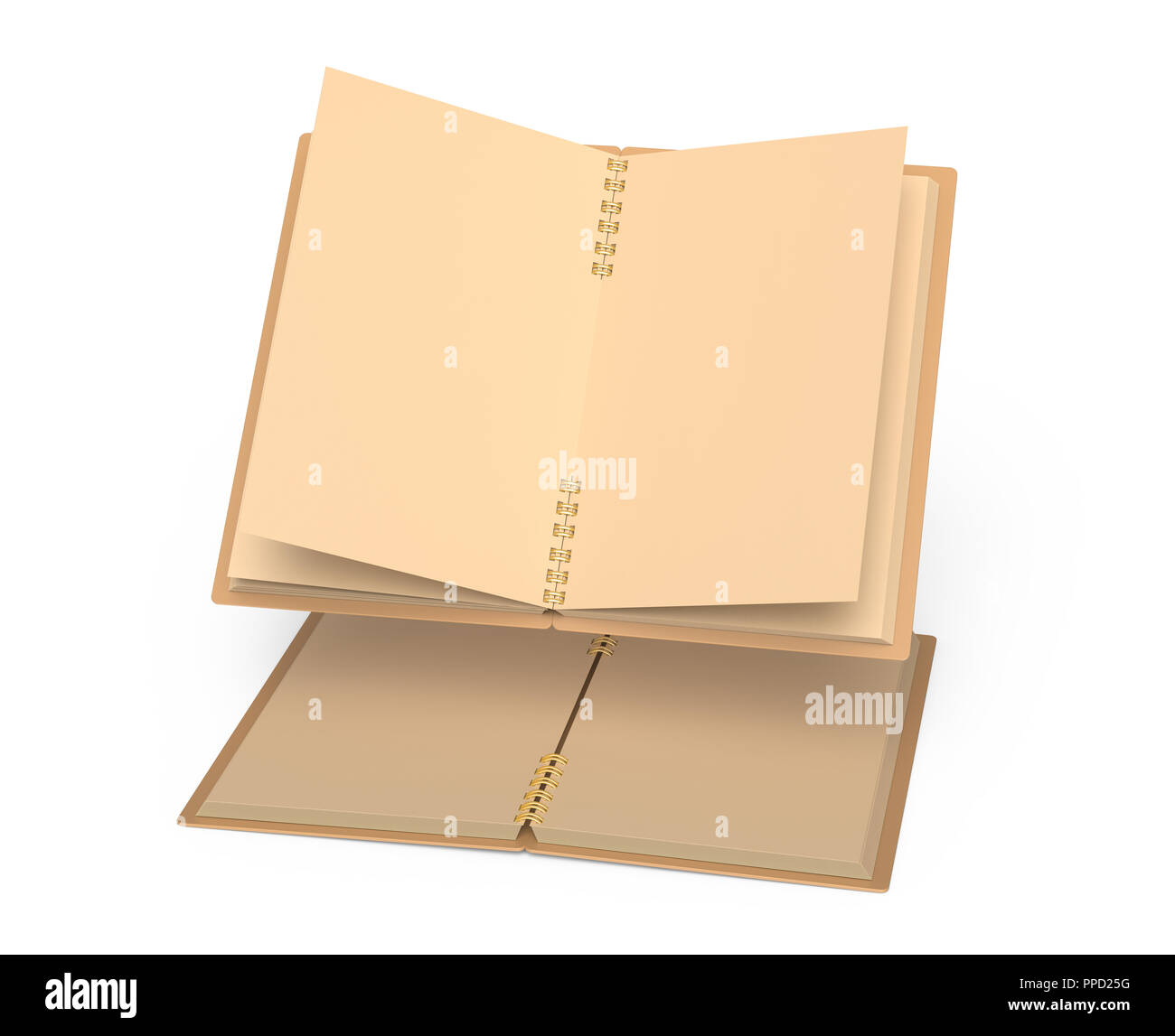 Blank open kraft paper notebooks, 3d rendering books mockup floating in ...