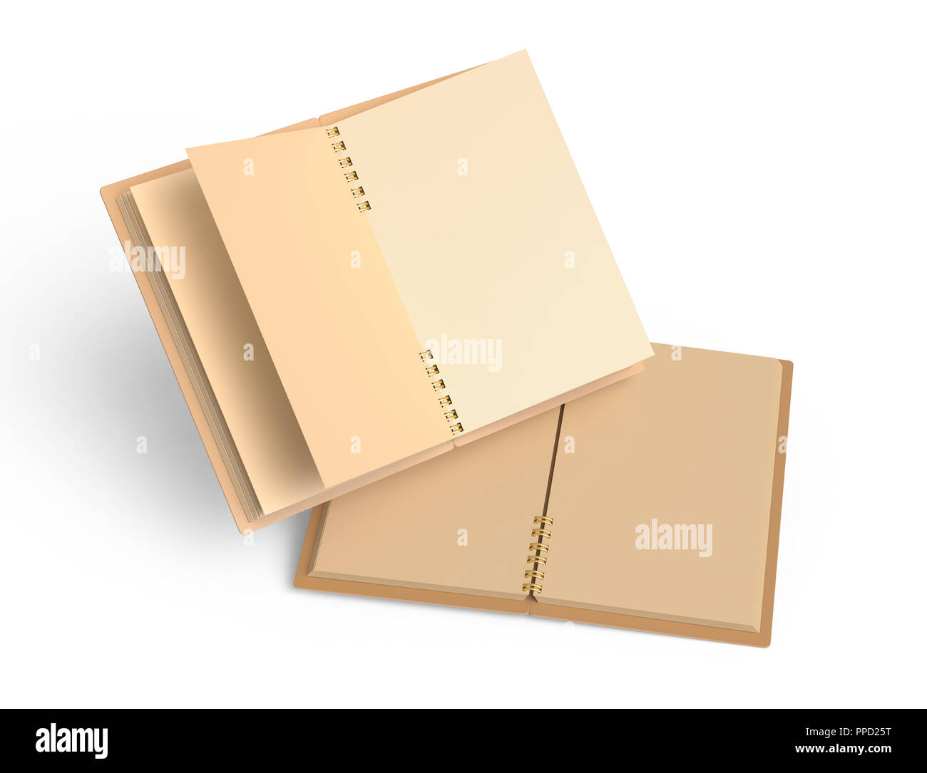 Blank open kraft paper notebooks, 3d rendering books mockup floating in ...