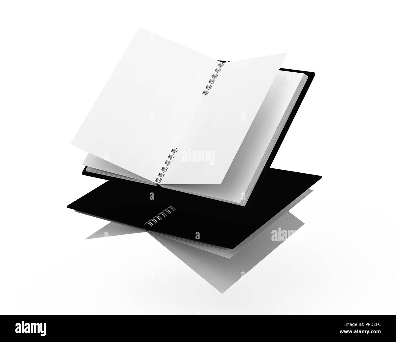 Black hard cover books floating in the air in 3d rendering on white ...